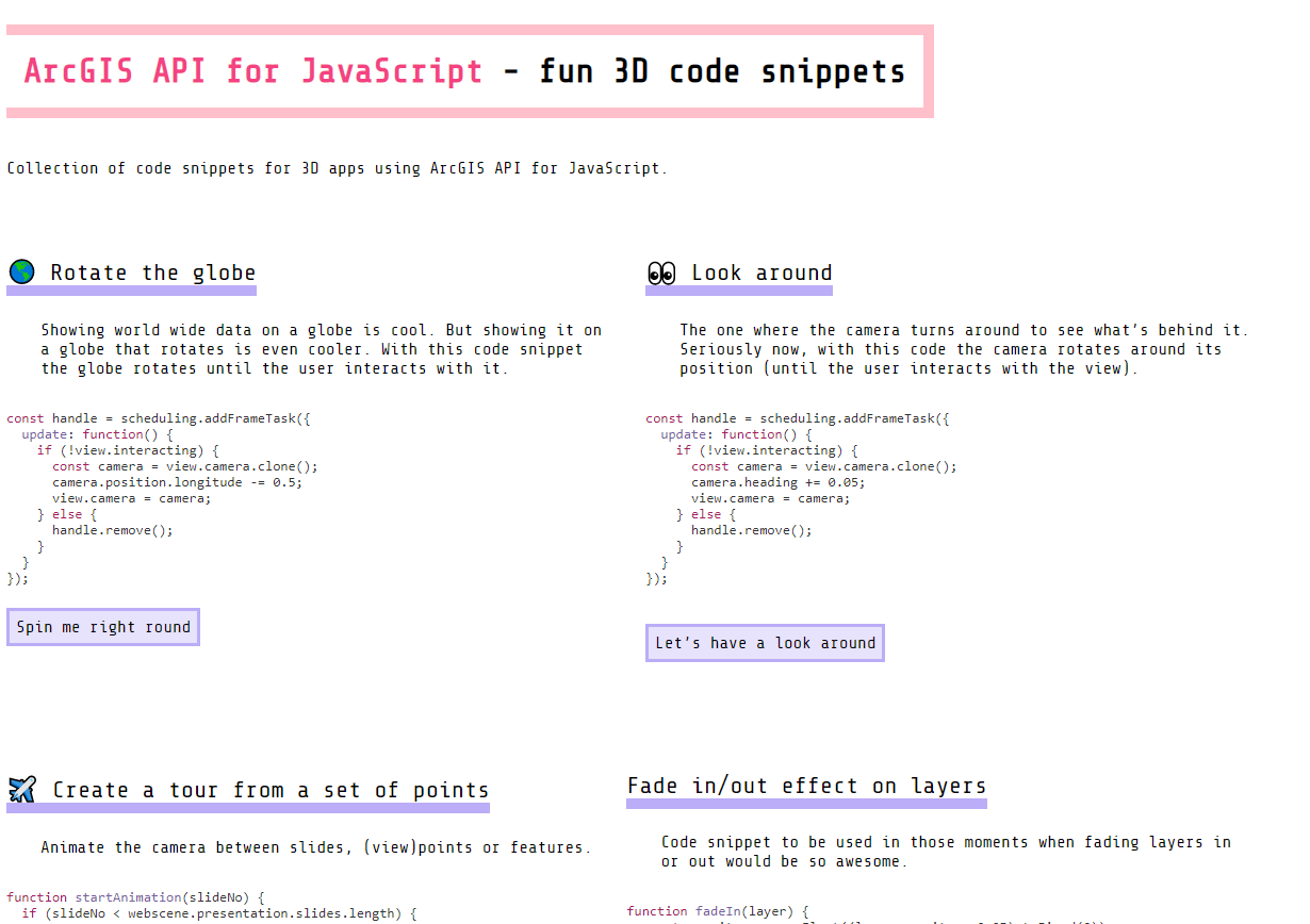 A Collection Of Code Snippets For ArcGIS API For JavaScript Code snippets arcgis api js